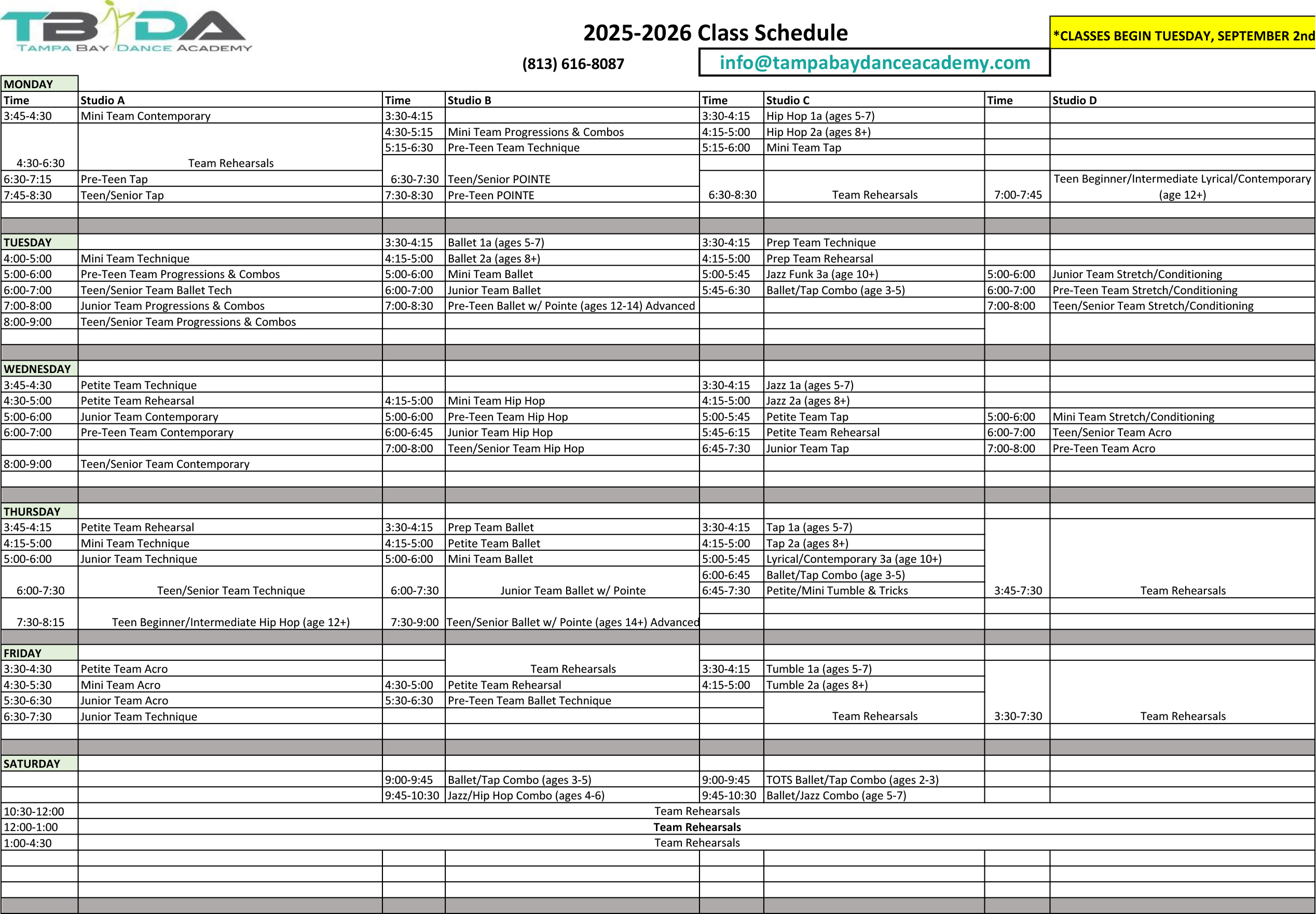 TBDA-Class-Schedule-2025-2026-STUDIO | Tampa Bay Dance Academy